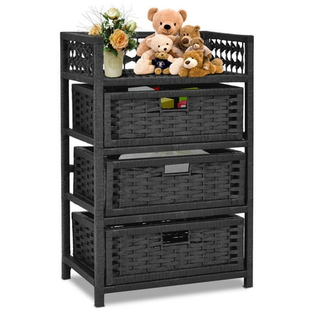 Gymax Storage Chest Tower Shelf 3 Drawer Wicker Baskets Storage Unit ...