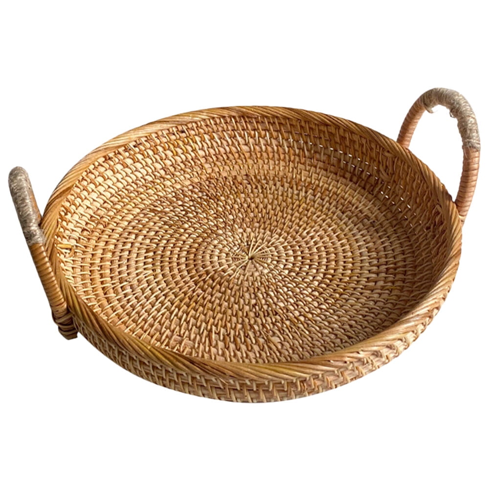 Rattan Round Serving Tray Woven Bread Basket Fruit Storage Basket with ...