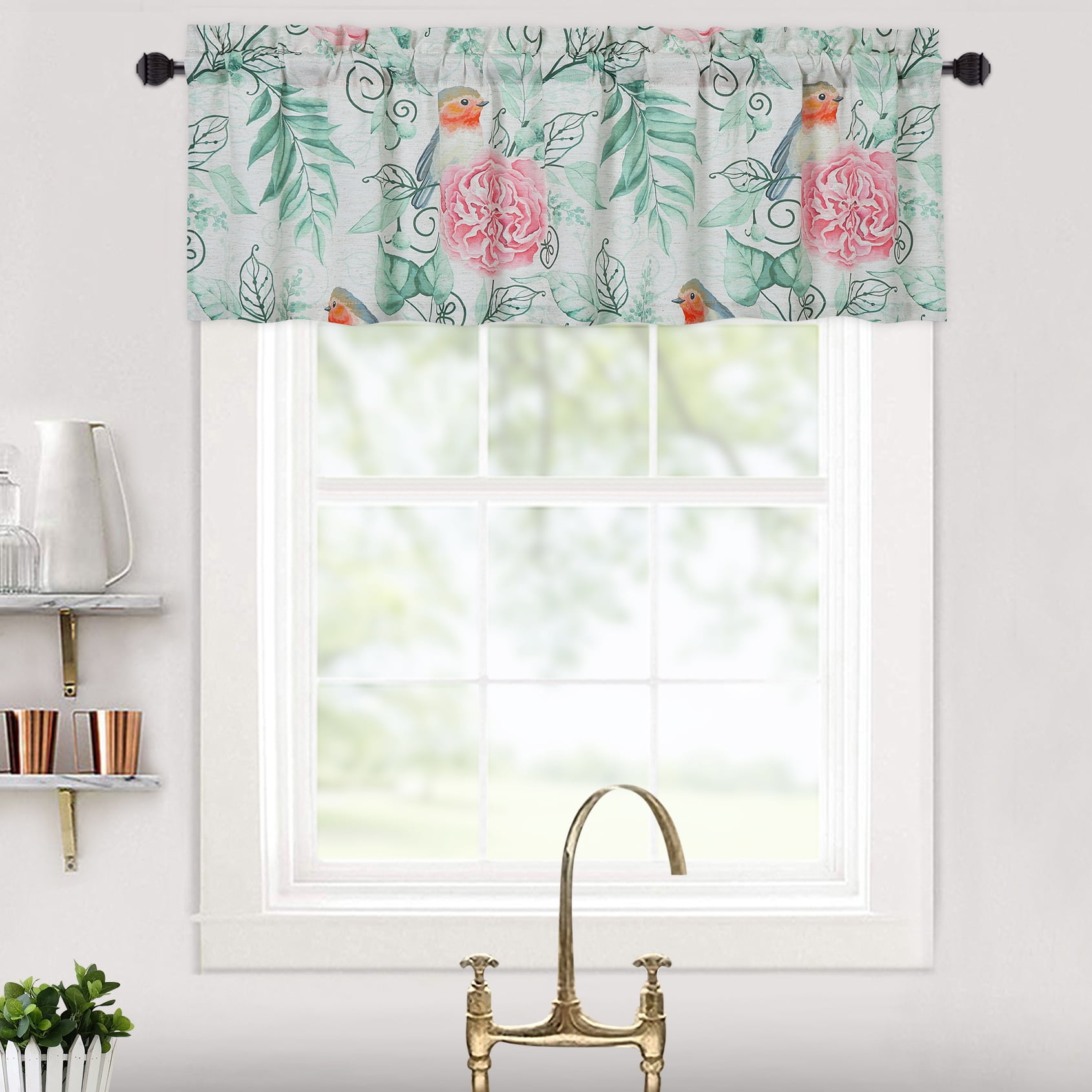 Oyang Window Valance with Bird Flowers and Branches Printed, Linen ...