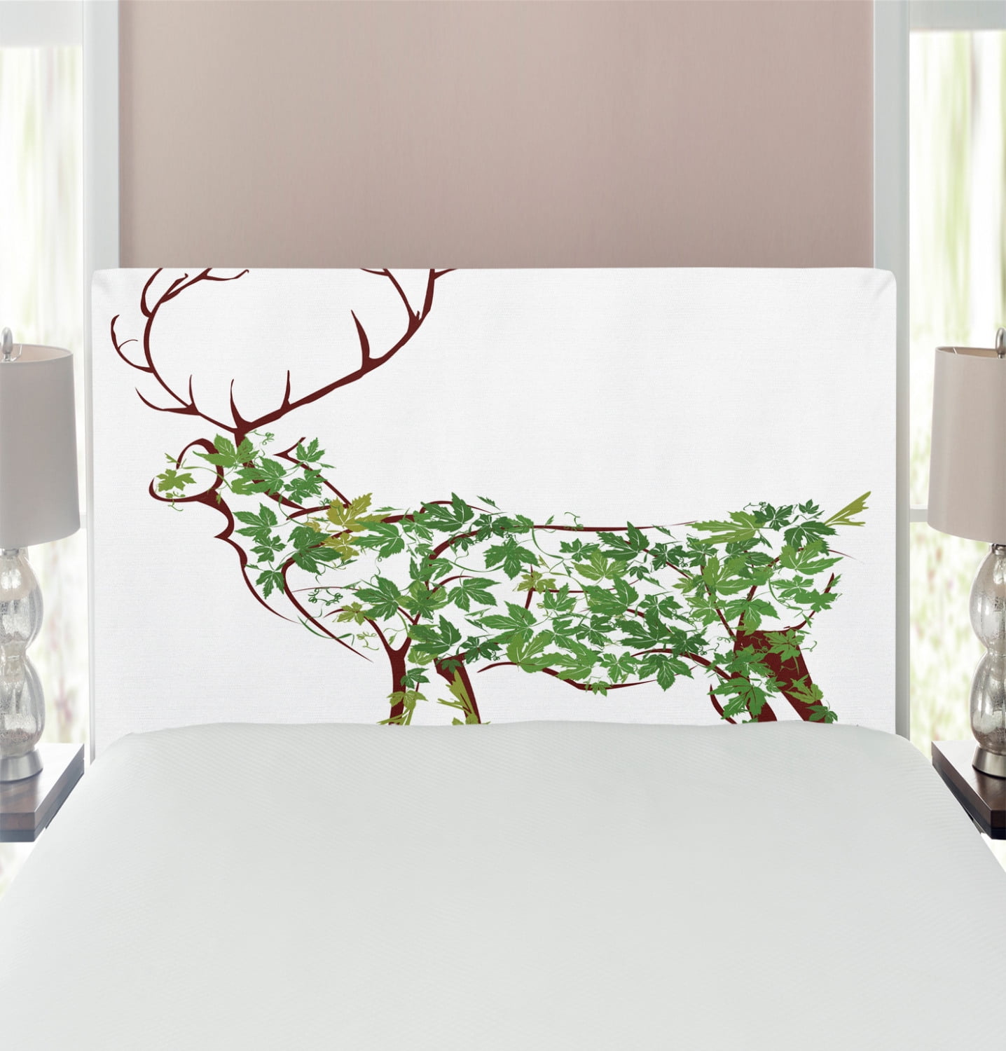 Antlers Headboard, Designer Deer Illustration Elk Leave Greenery Garden ...