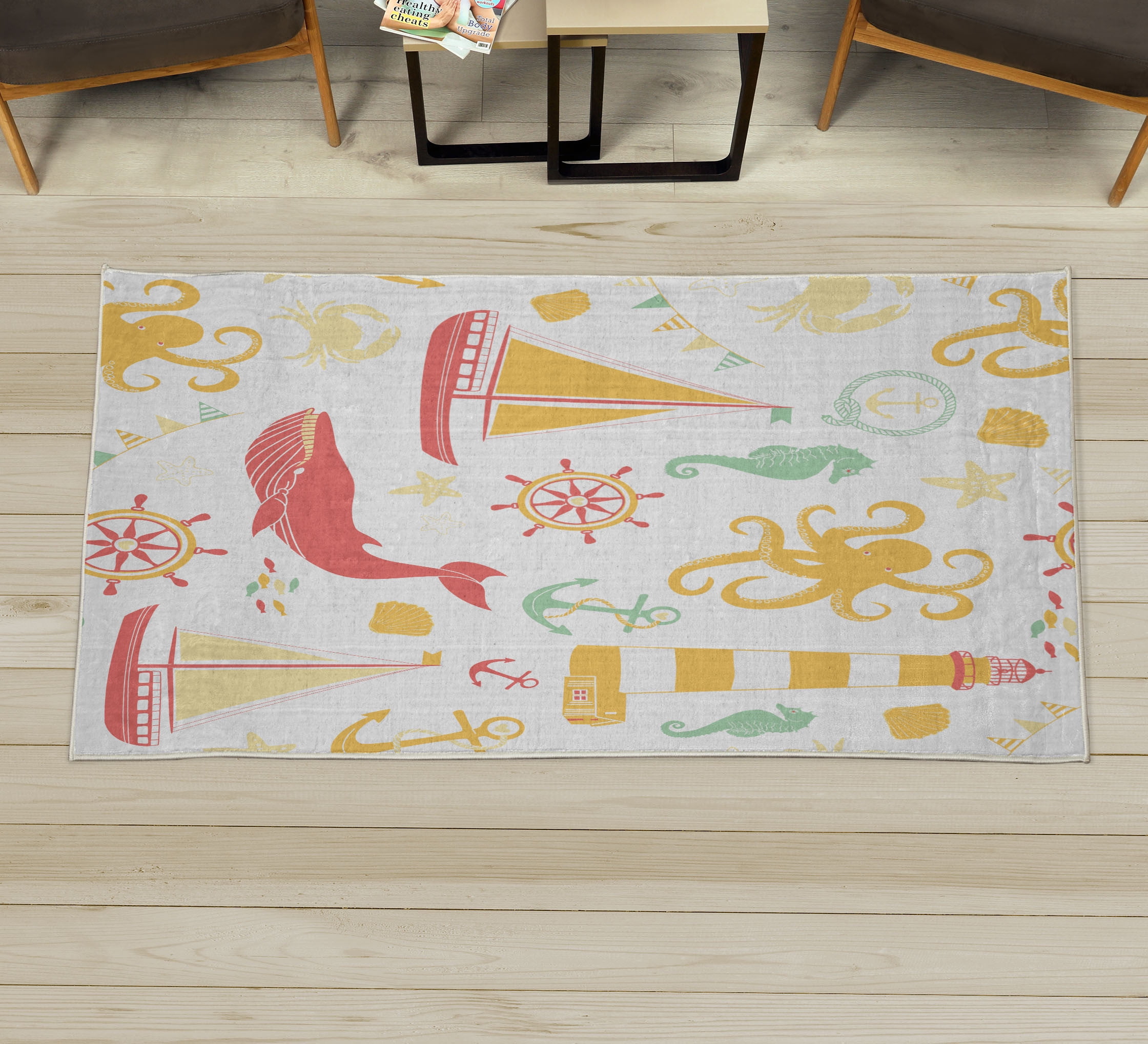 Nautical Decorative Rug, Pastel Colored Composition of Lighthouse ...