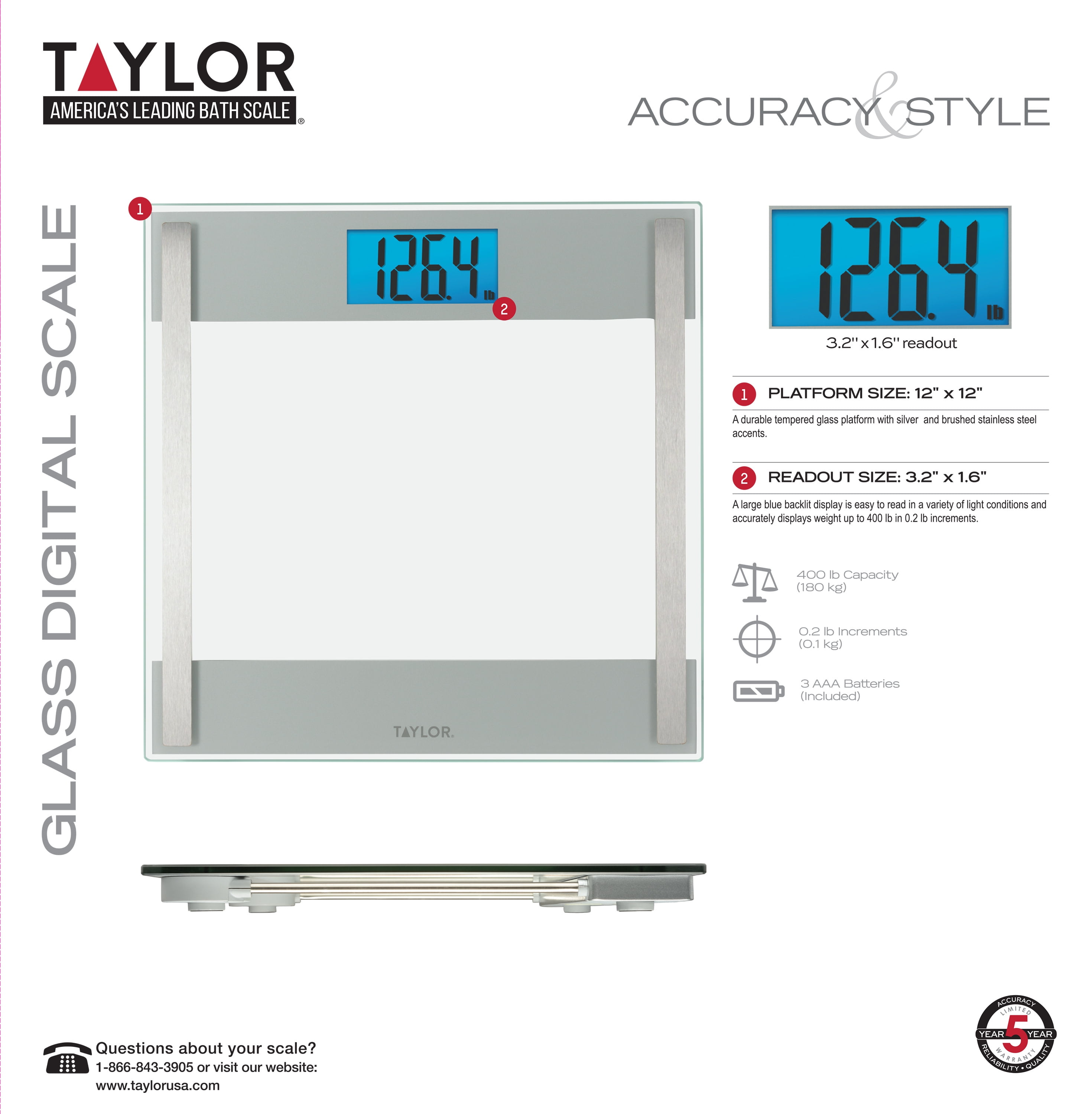 Taylor Digital Glass Bathroom Scale 400 lb Capacity
