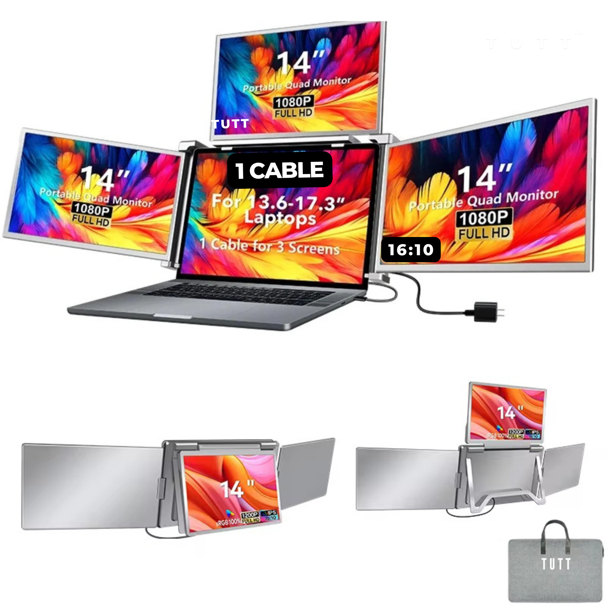TUTT 14” Triple Portable Monitor | Single Cable Setup 16:10 Ratio ...