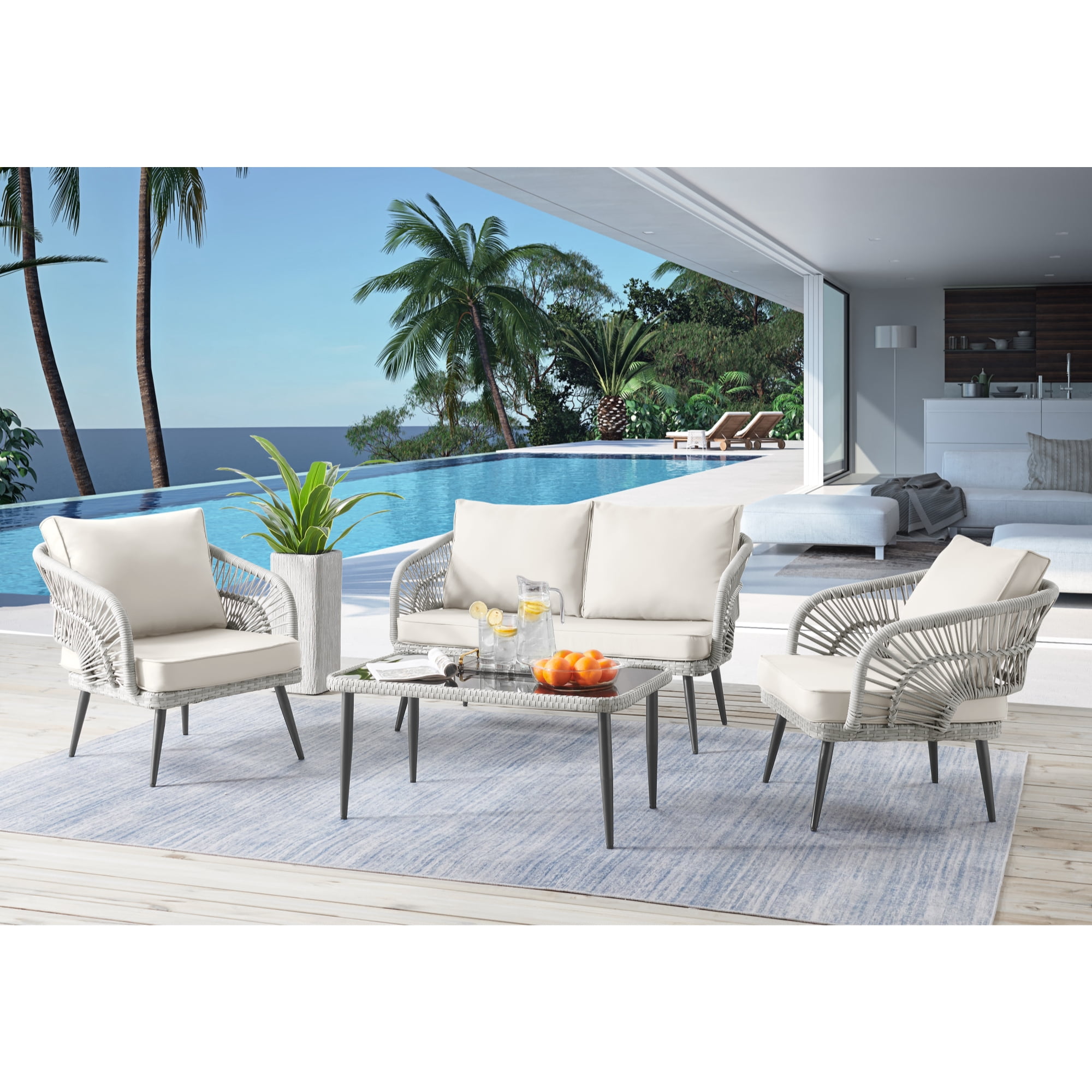 Inspired Home Marius Outdoor Rattan Wicker 4pc Seating Group, Sand ...