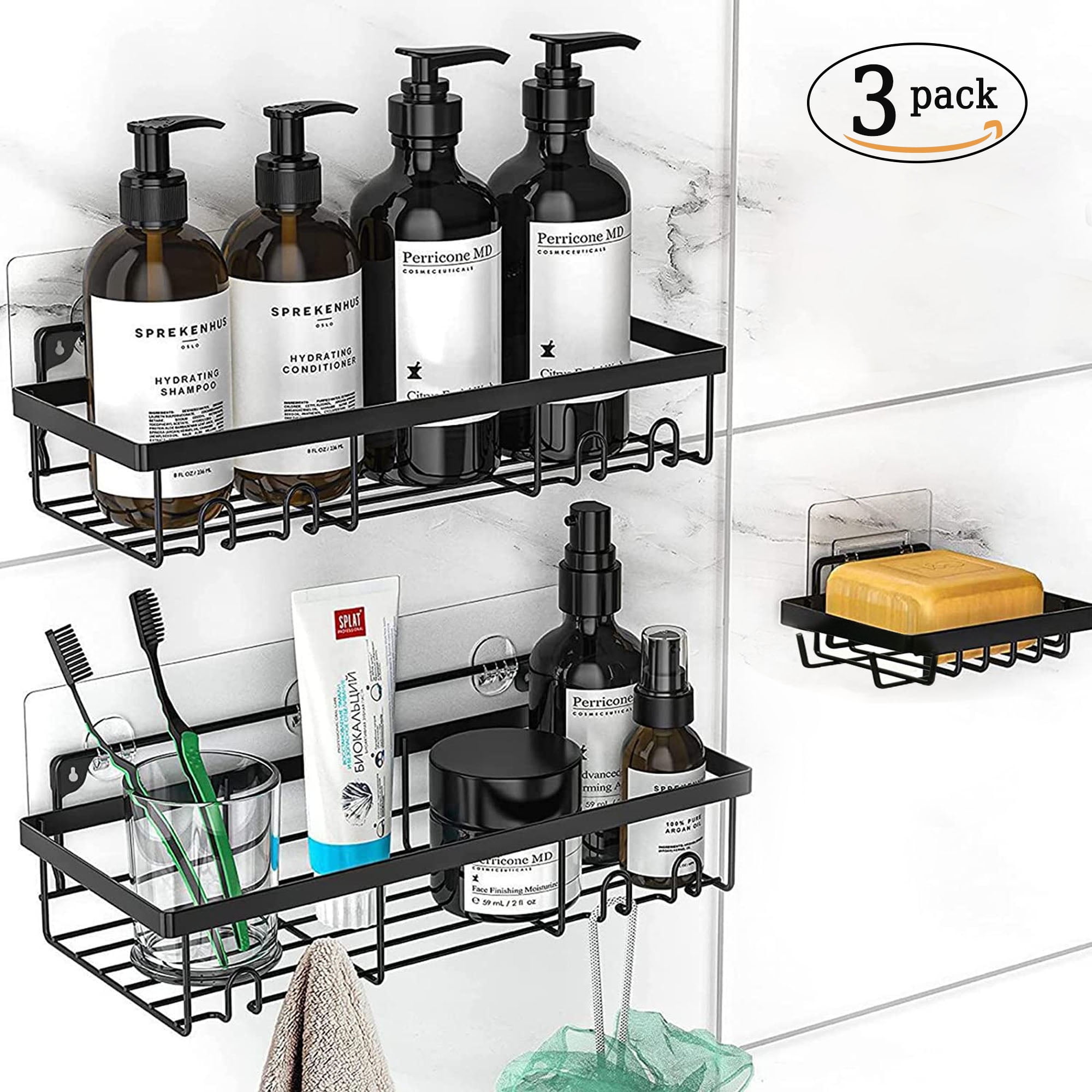 3 Pack Shower Caddy Shelf Organizer Rack, Black Self Adhesive Shower ...