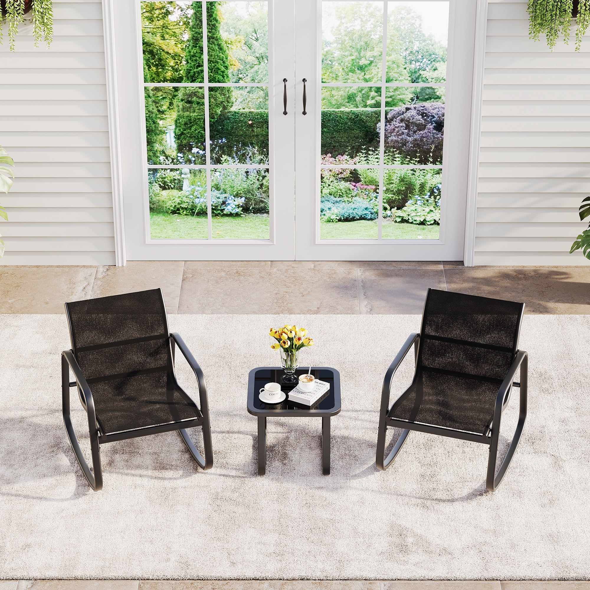 3 Piece Rocking Bistro Set Outdoor, Textilene Mesh Patio Chairs with ...