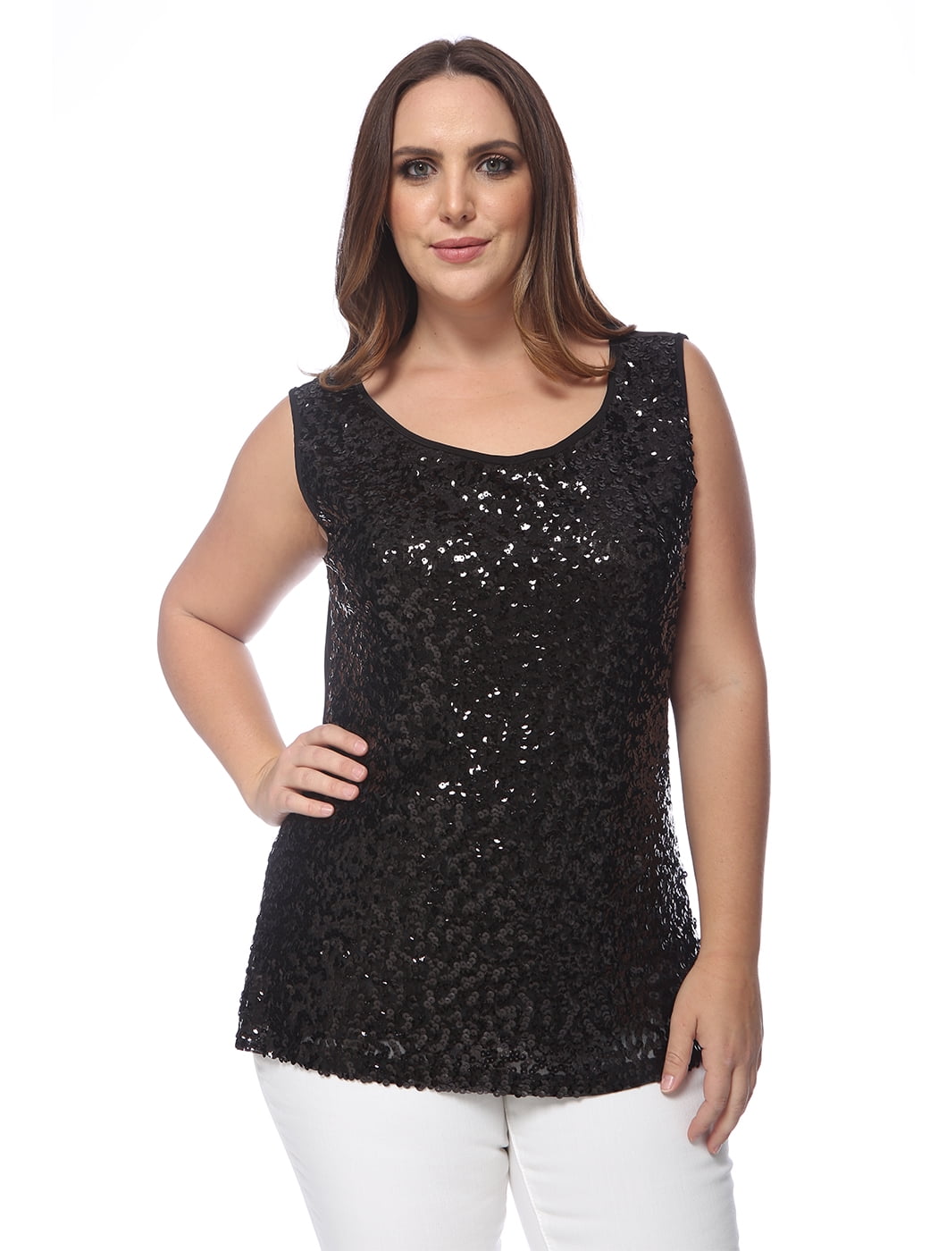 Women's Plus Size Sleeveless Round Neck Sequin Embroidered Metallic ...