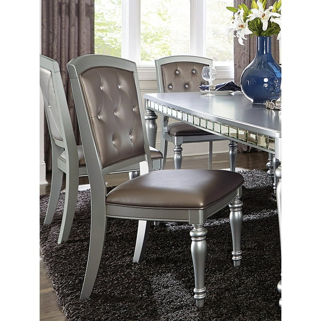 Glamorous 4pc Set Wooden Side Chairs Silver Finish Crystal Button ...