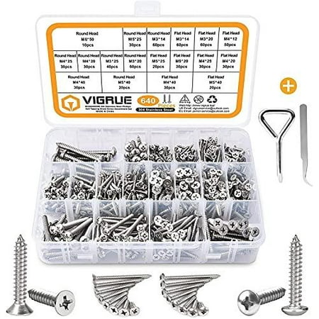 VIGRUE 640PCS M3/M4/M5/M6 Phillips Drive Wood Screw Assortment Kit, 304 Stainless Steel Self ...