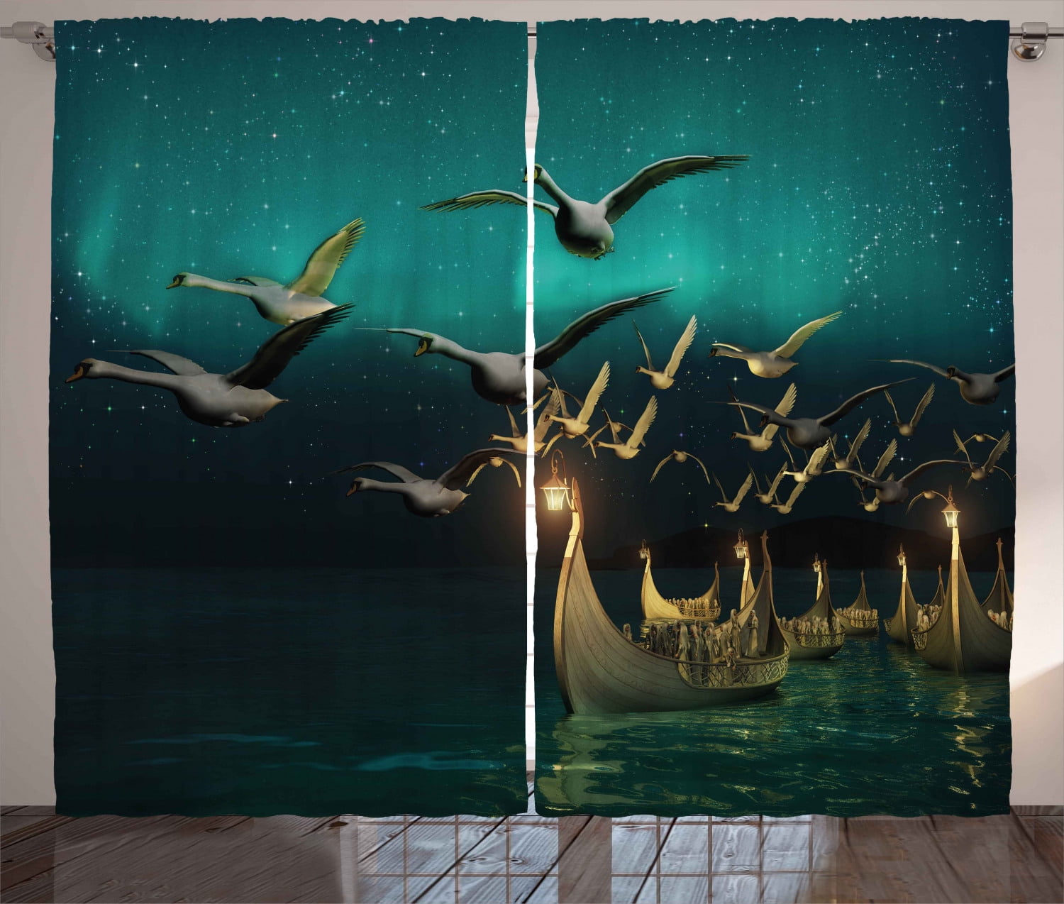 Fantasy Curtains 2 Panels Set, Medieval Elf Boats and Magical Birds ...