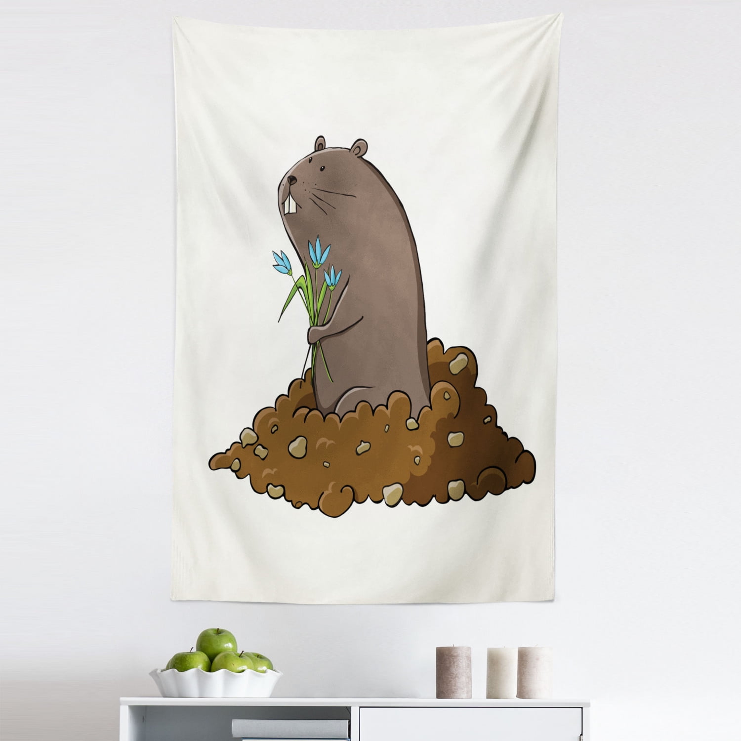 Groundhog Day Tapestry, Marmot Holds Blue Flowers in Earth Mud Cartoon ...