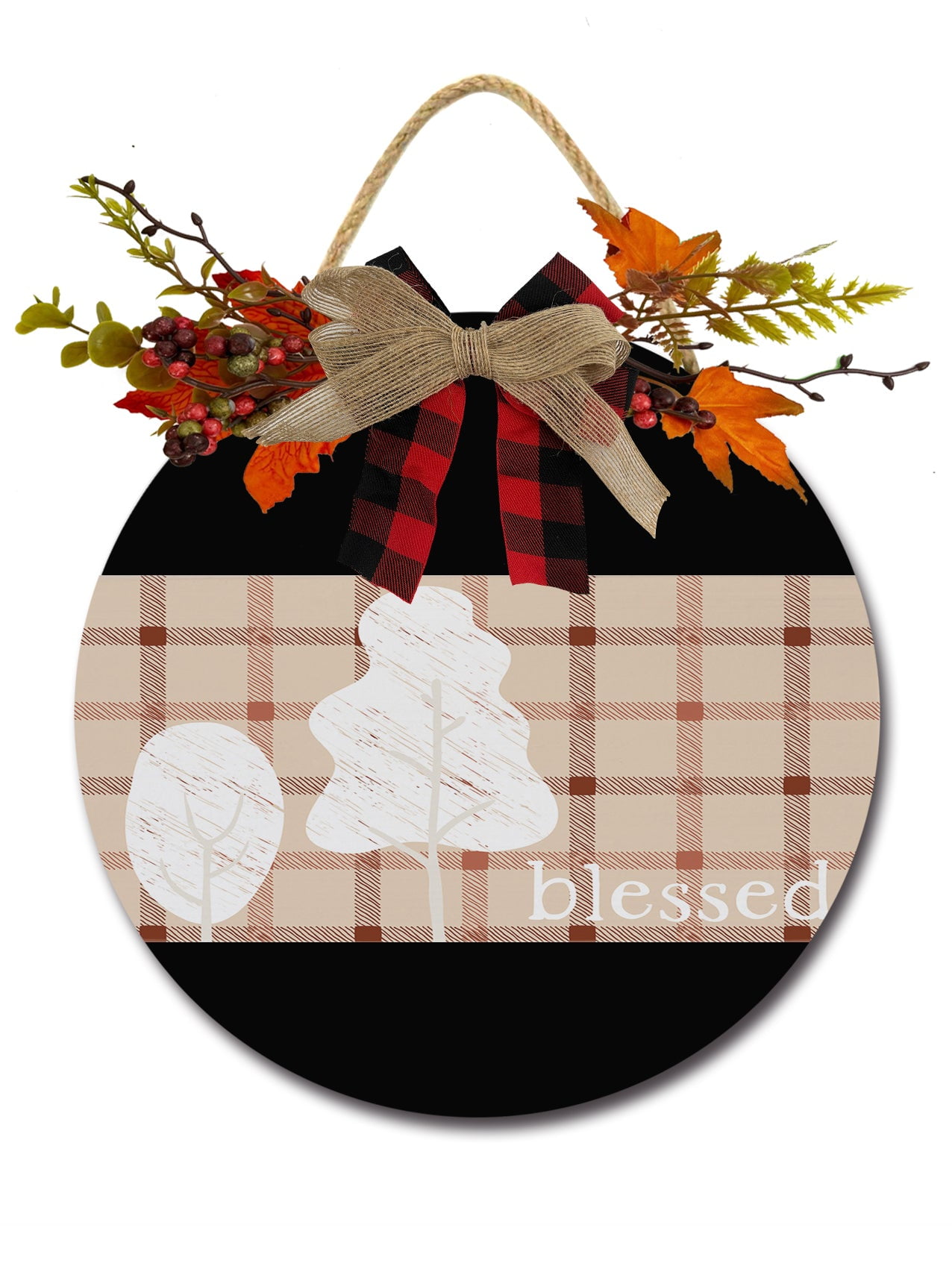 Blessed Wooden Front Door Sign Rustic Round Wreath Wall Hanger Porch ...