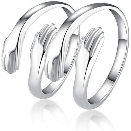 Couple Hug Ring for 2 Silver Huggies Hands Adjustable Ring Hug Hands ...