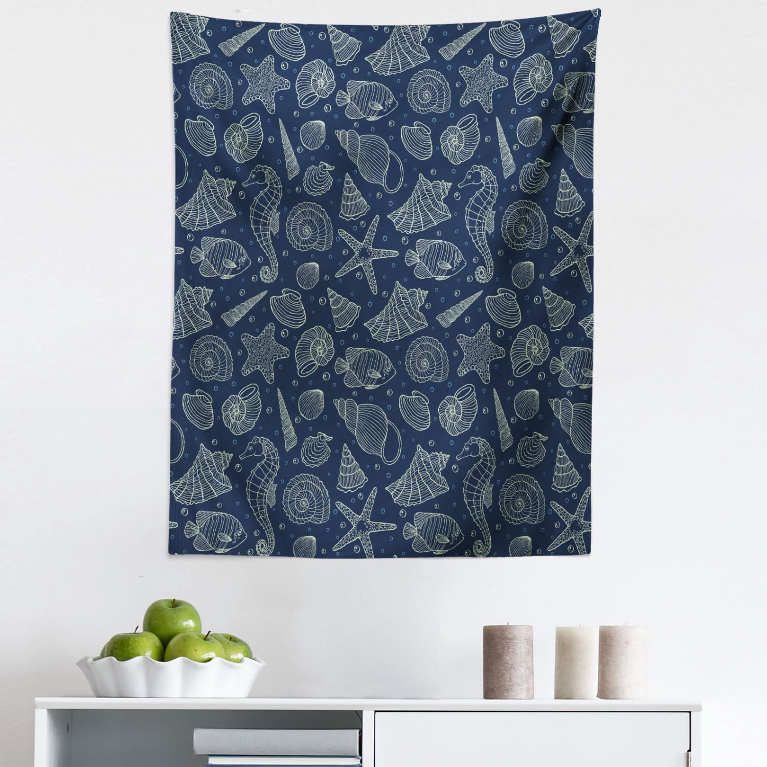 Sea Shells Tapestry, Monochrome Marine Elements with Dotted Background ...