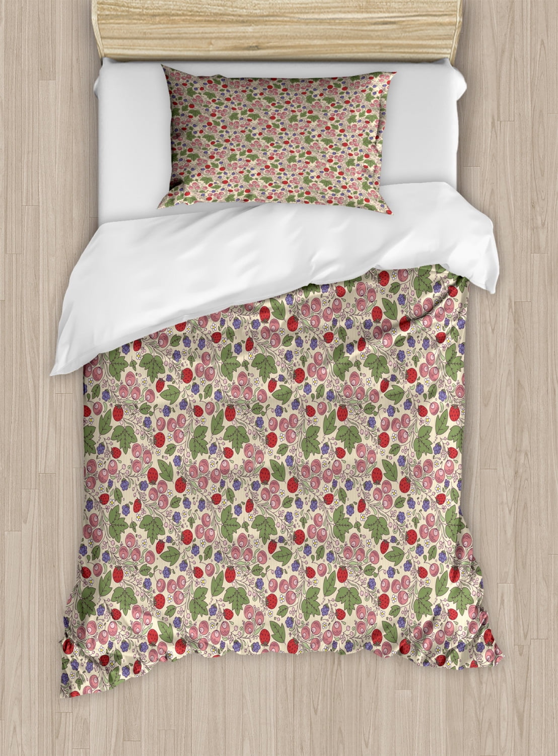 Cranberry Duvet Cover Set Twin Size Vintage Botany Herbs Strawberry