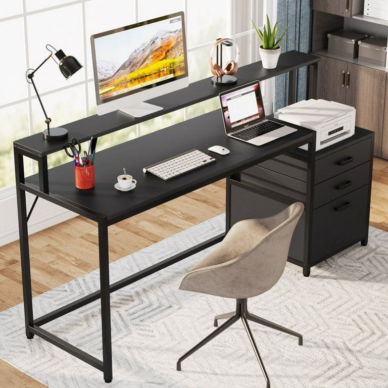 63 Computer Desk Ergonomic Office Desk with Drawers Monitor Stand Black