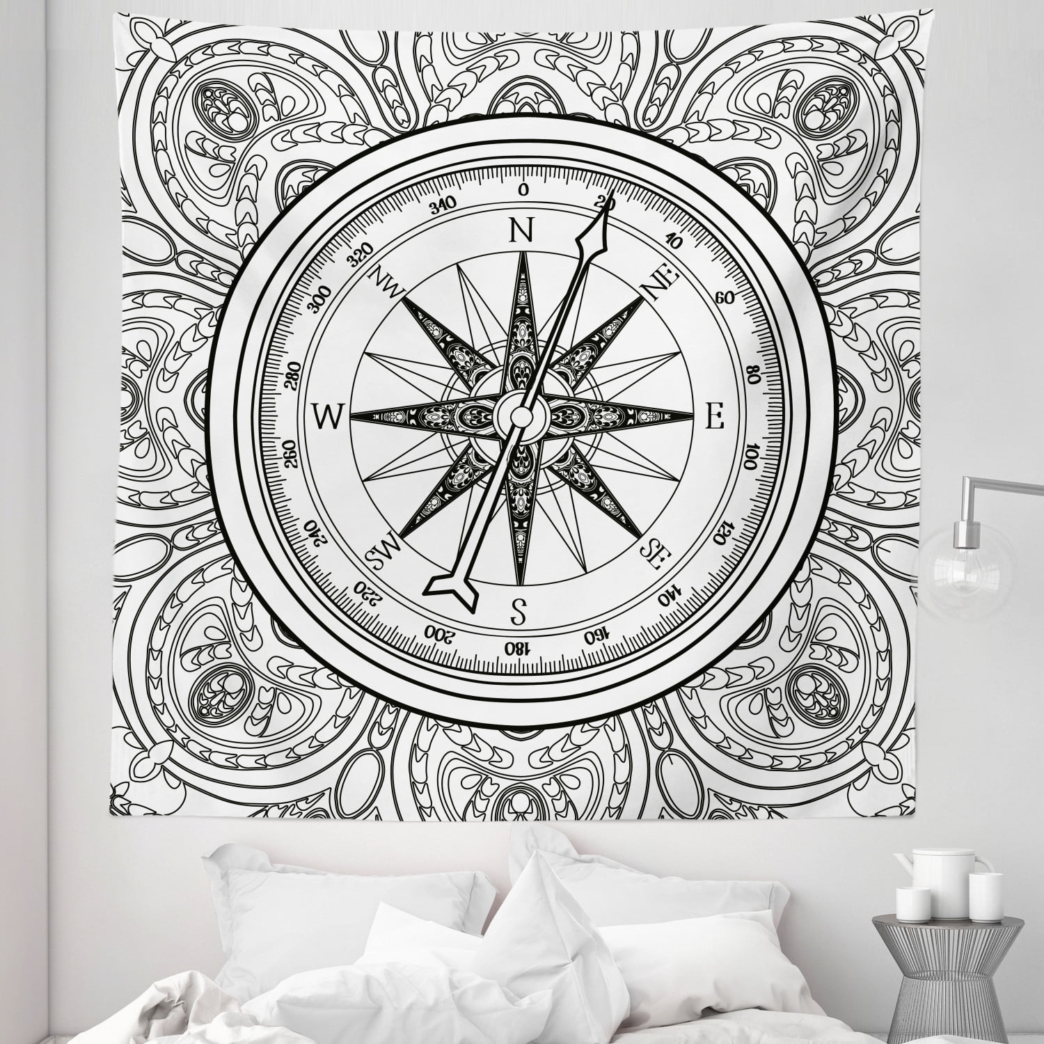 Compass Tapestry, Hand Drawn Windrose in Line Art Style Nautical ...