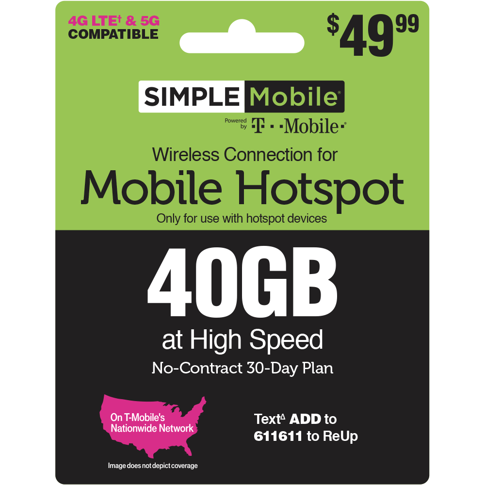 Simple Mobile $49.99 Hotspot 40GB Data 30 Day Plan e-PIN Top Up (Email ...