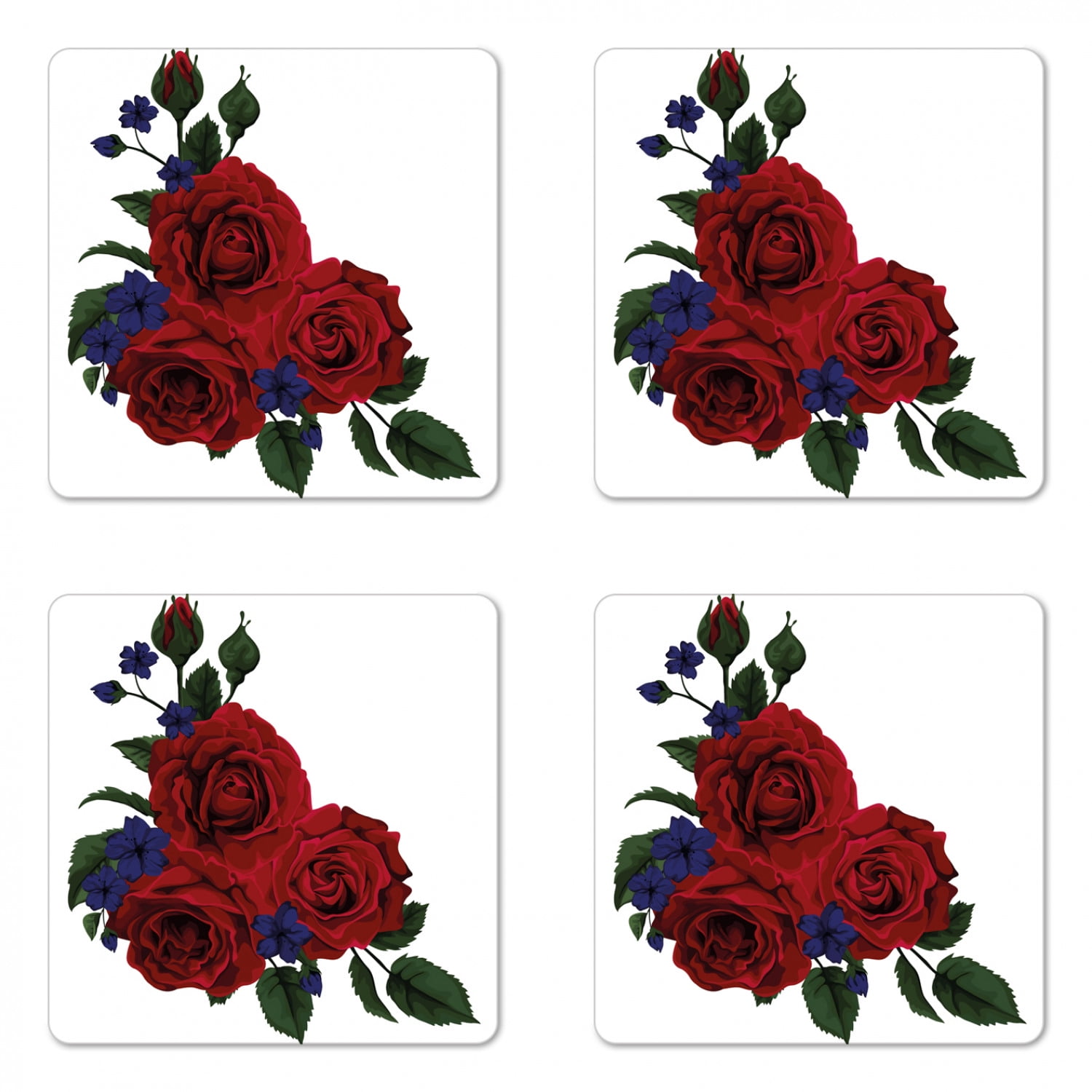 Rose Coaster Set of 4, Blooming Red Roses Gentle Wild Flowers Leaves ...