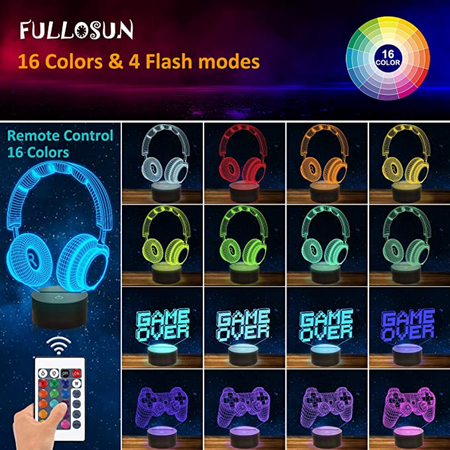 Earphone 3D Night Light with Remote Control 16 Color Changing Gaming ...