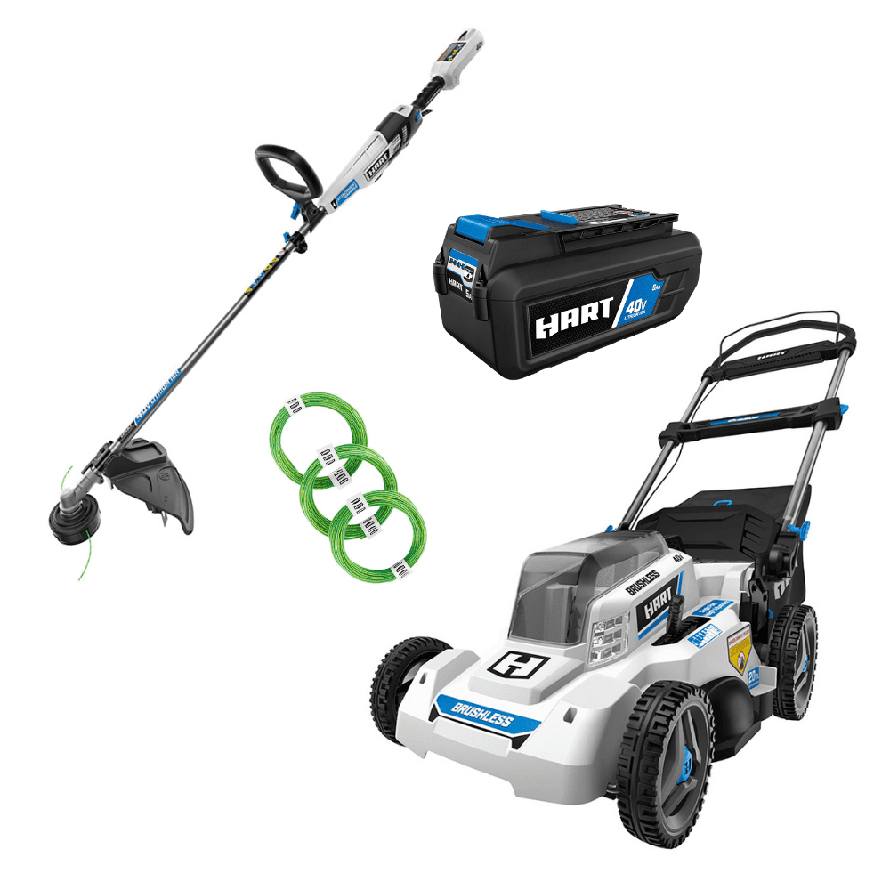 HART 40-Volt 20" Brushless Push Mower with 40-Volt Trimmer & .080 ...