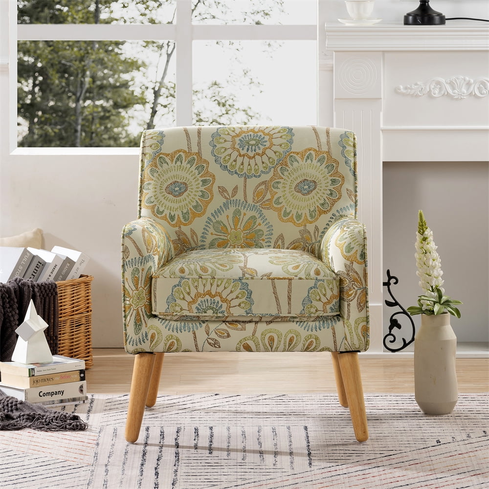 Accent Chair, Modern Flower Print Linen Upholstered Armchair with Solid ...