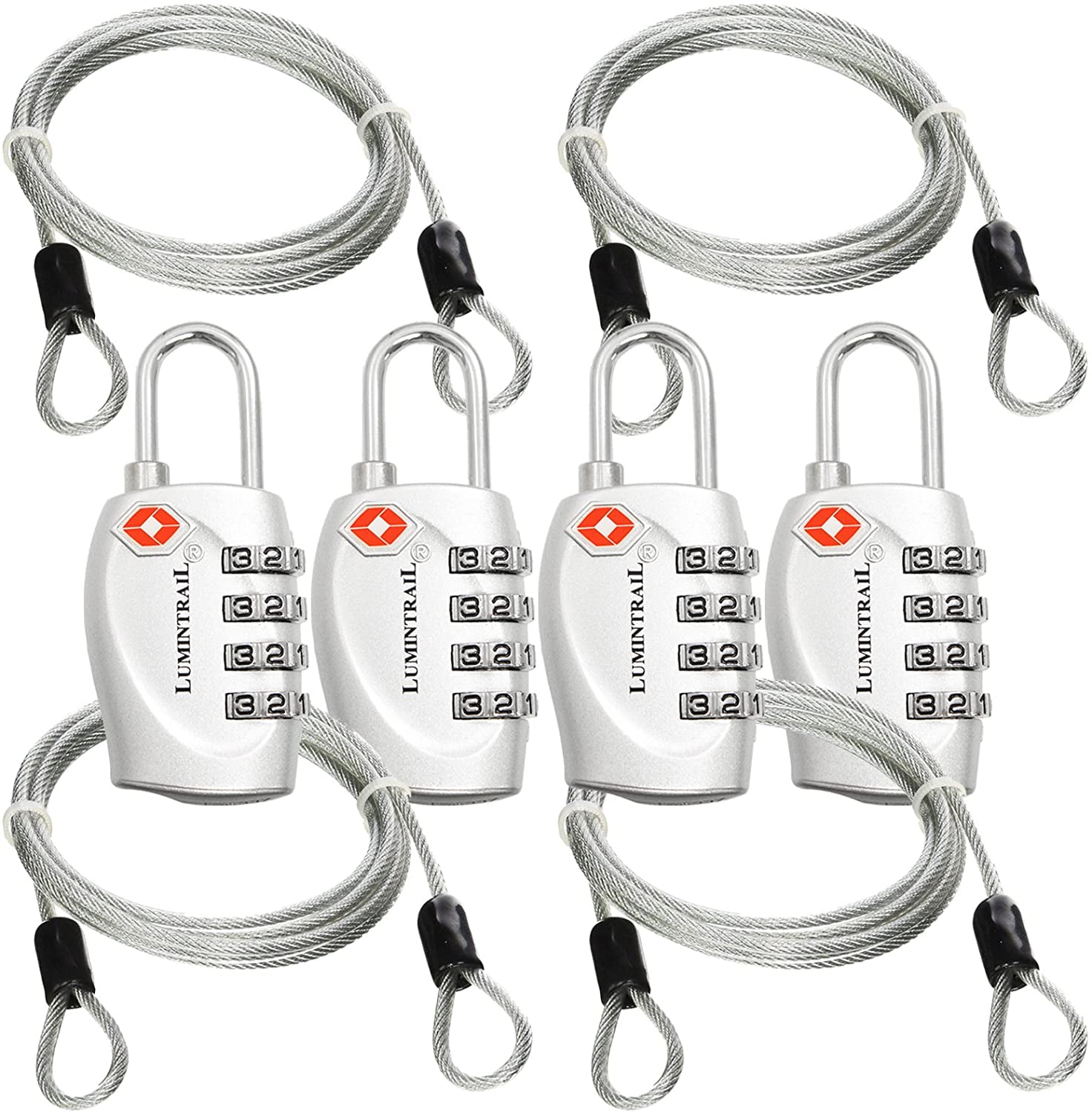 TSA Approved Luggage Locks 4 Pack plus Bonus 4 Foot Steel Cables ...