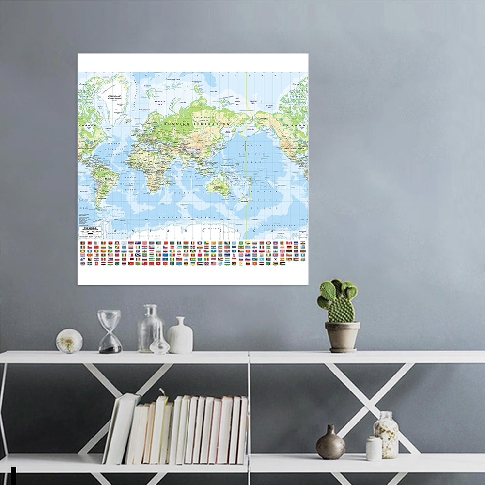 WCIC 90*90cm Large World Map with Flags Poster Educational Prints Wall ...