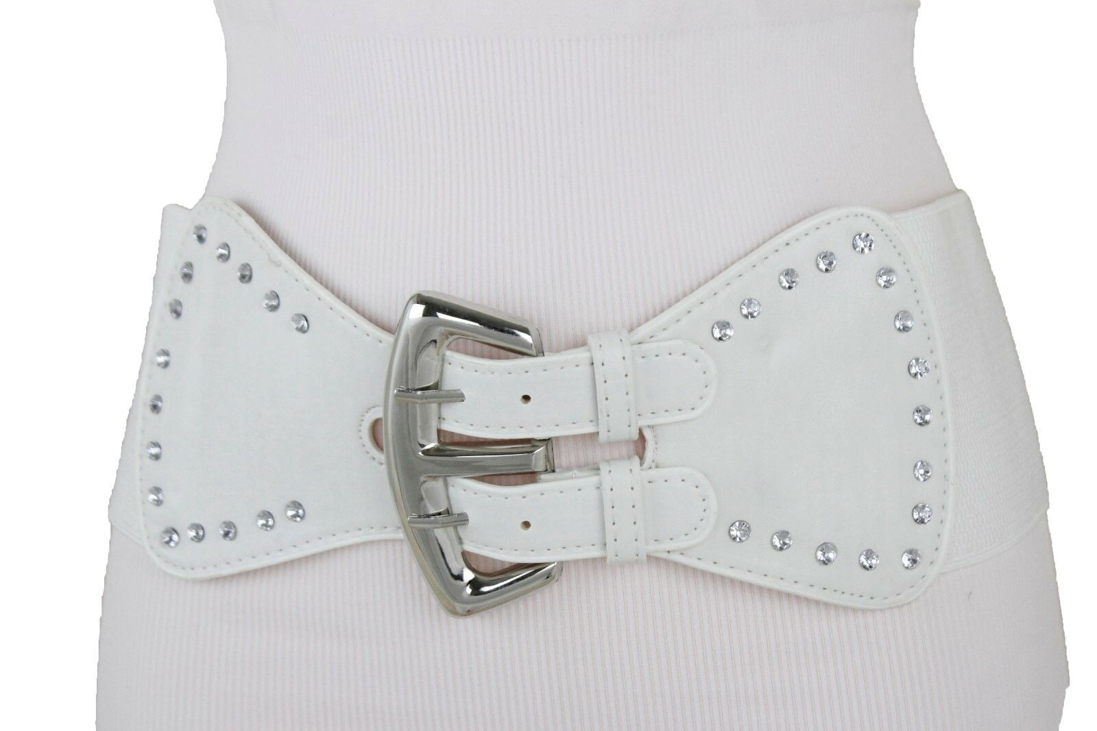 Hot Women White Wide Corset Belt Hip High Waist Silver Metal Buckle S M