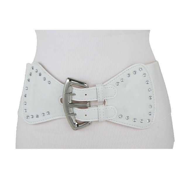 Hot Women White Wide Corset Belt Hip High Waist Silver Metal Buckle S M