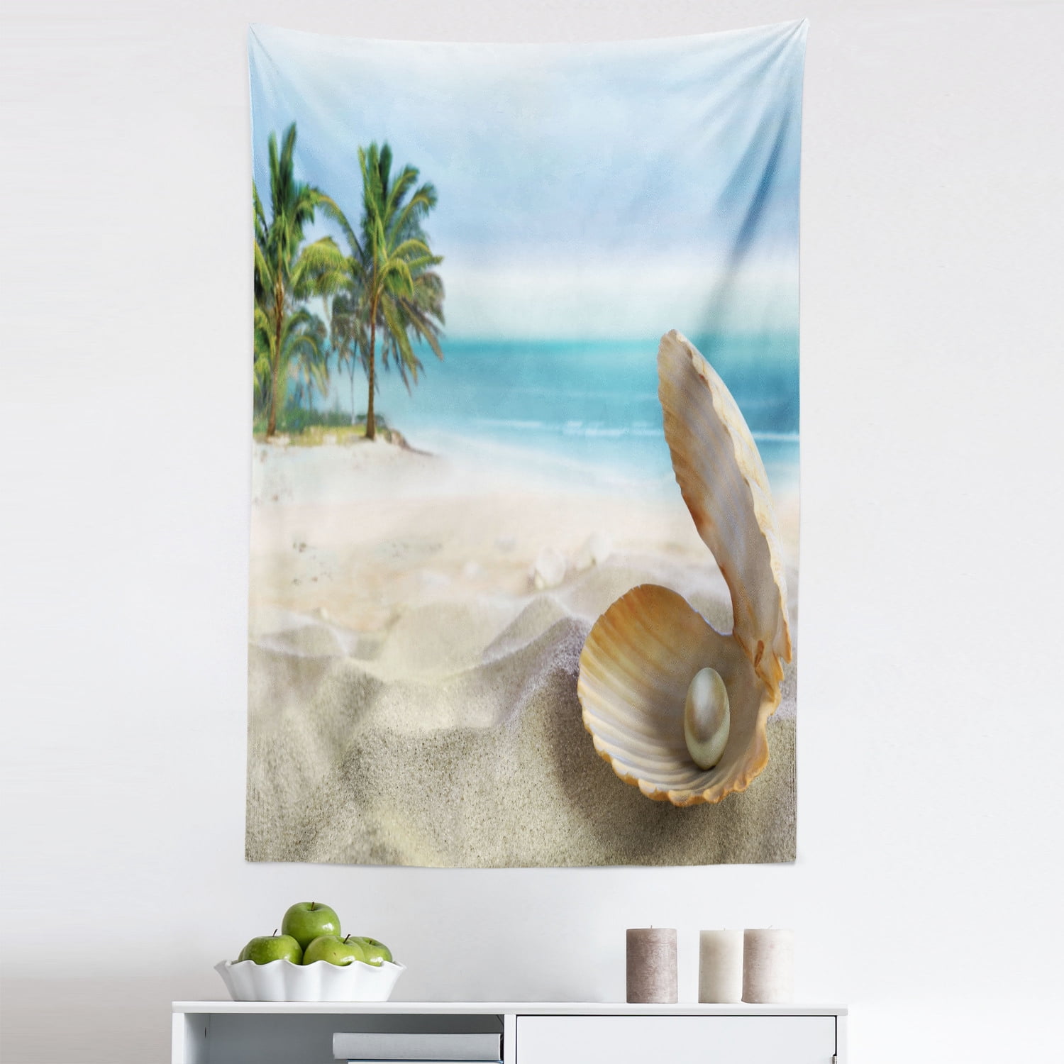 Beach Tapestry, Tropical Coastal Scene of Pearl in a Scallop Shell ...