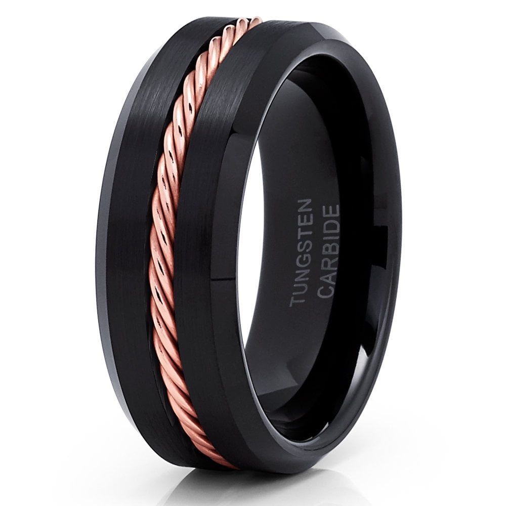 Rose Gold Tungsten Wedding Ban Braid Tungsten Ring 8mm Black Tungsten ...