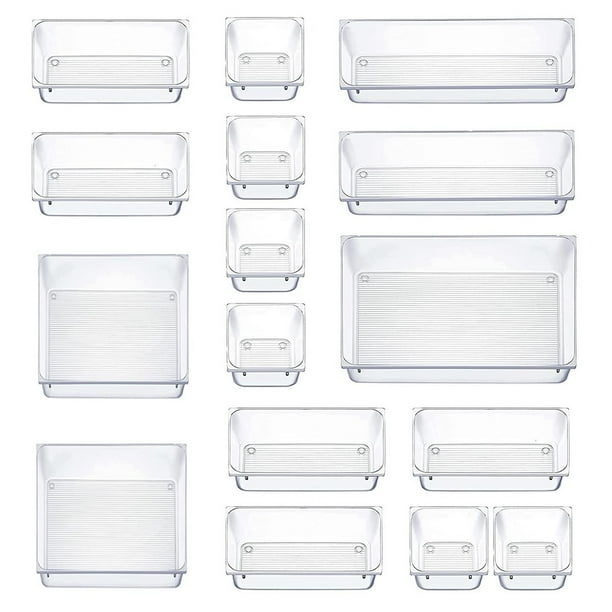 16 Pcs Clear Plastic Drawer Organizers Set 5 Size Versatile Bathroom