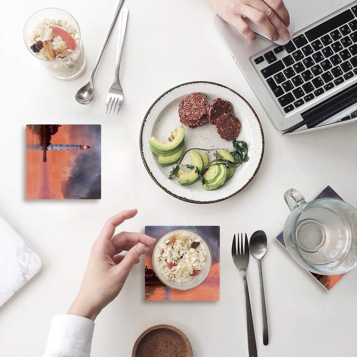 FMSHPON Lighthouse Ocean Sunset Scenery Set of 8 Coaster for Drinks ...