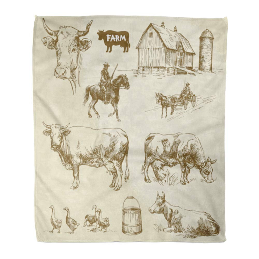 SIDONKU Throw Blanket Warm Cozy Print Flannel Sketch Farm Cow ...