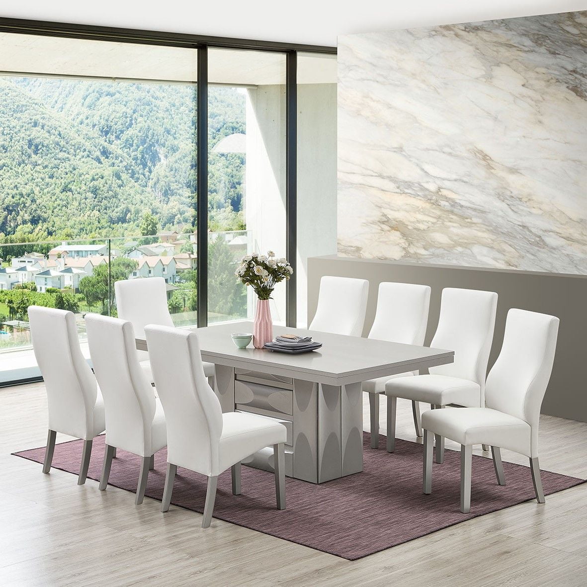 Astra 9 Piece Pedestal Dining Set, Champagne Wood & White Vinyl ...