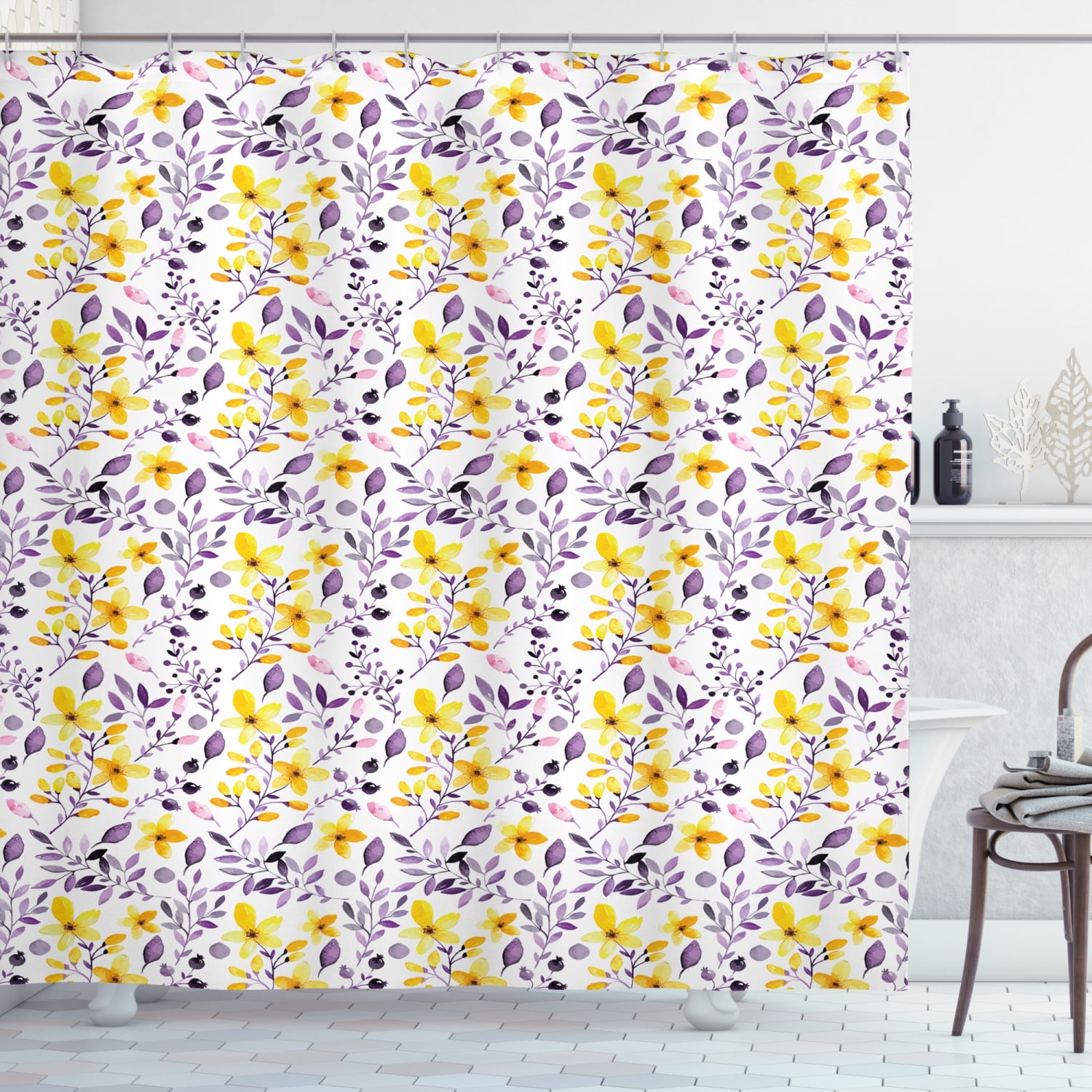 Watercolor Shower Curtain Yellow Wildflowers Artistic Spring Garden