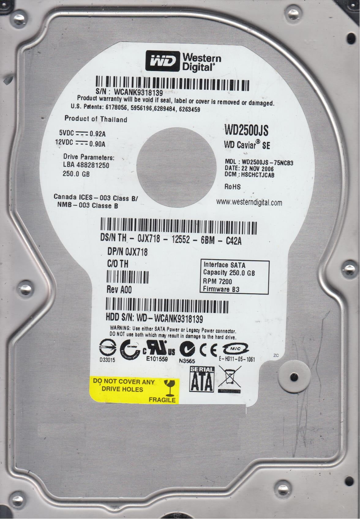 WD2500JS-75NCB3, DCM HSCHCTJCAB, Western Digital 250GB SATA 3.5 Hard ...