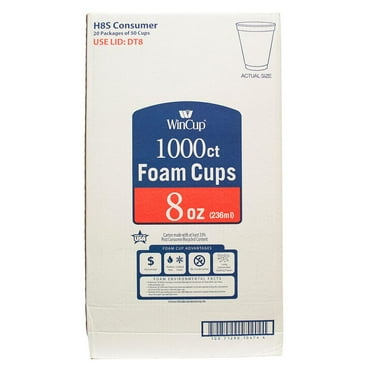 WinCup Disposable Foam Cups, 8 oz, White, 1000 Count, Hot or Cold ...