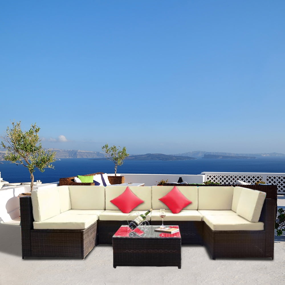 7 Pieces Outdoor Wicker Patio Sofa Set, Modern Rattan Conversation ...