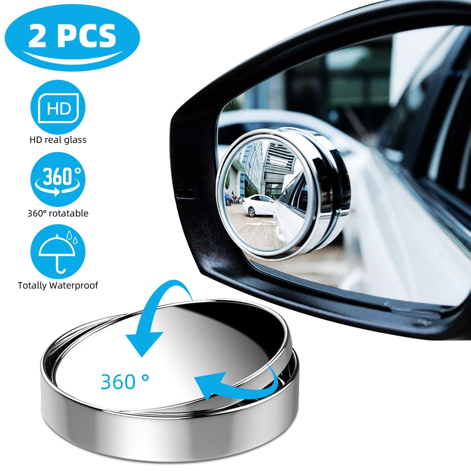 Htwon 2Pcs Car Blind Spot Mirrors Adjustable Round HD Glass Convex Side ...