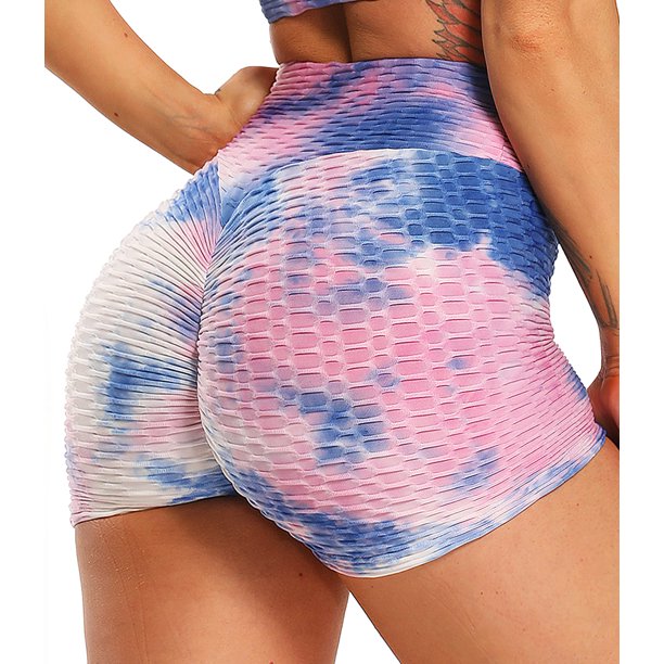 Seasum Womens High Waist Butt Lift Workout Shorts Tie Dyed Tummy