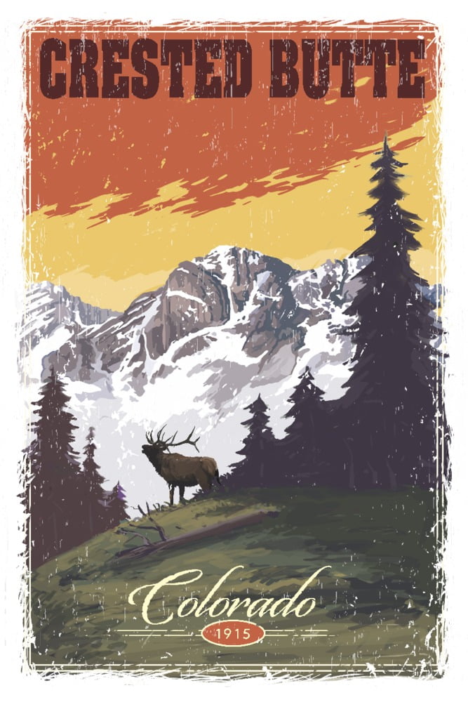 Crested Butte, Colorado, Mountain View and Elk, Distressed (16x24 ...