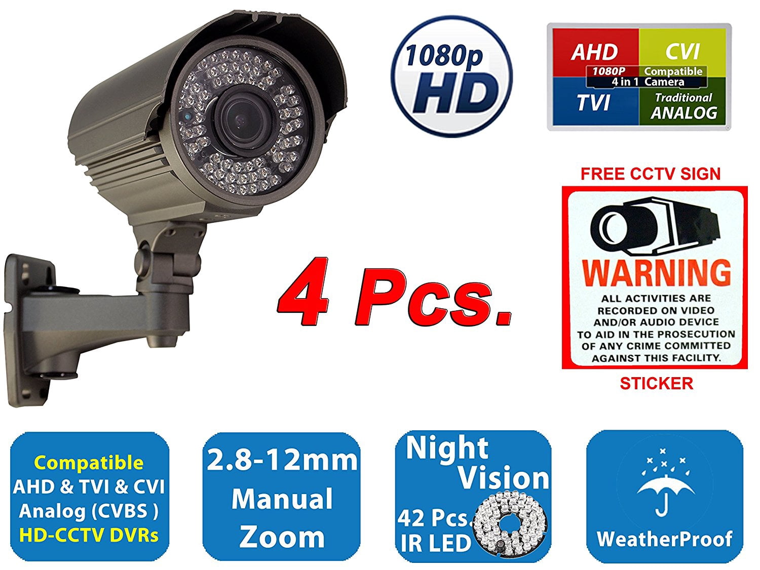 Bullet Security Camera by Evertech 4pcs 1080P HD Day Night Vision 42 IR ...