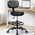 Adjustable Foot Rest Rolling Stool with Wheels, PU Leather Swivel Stool ...