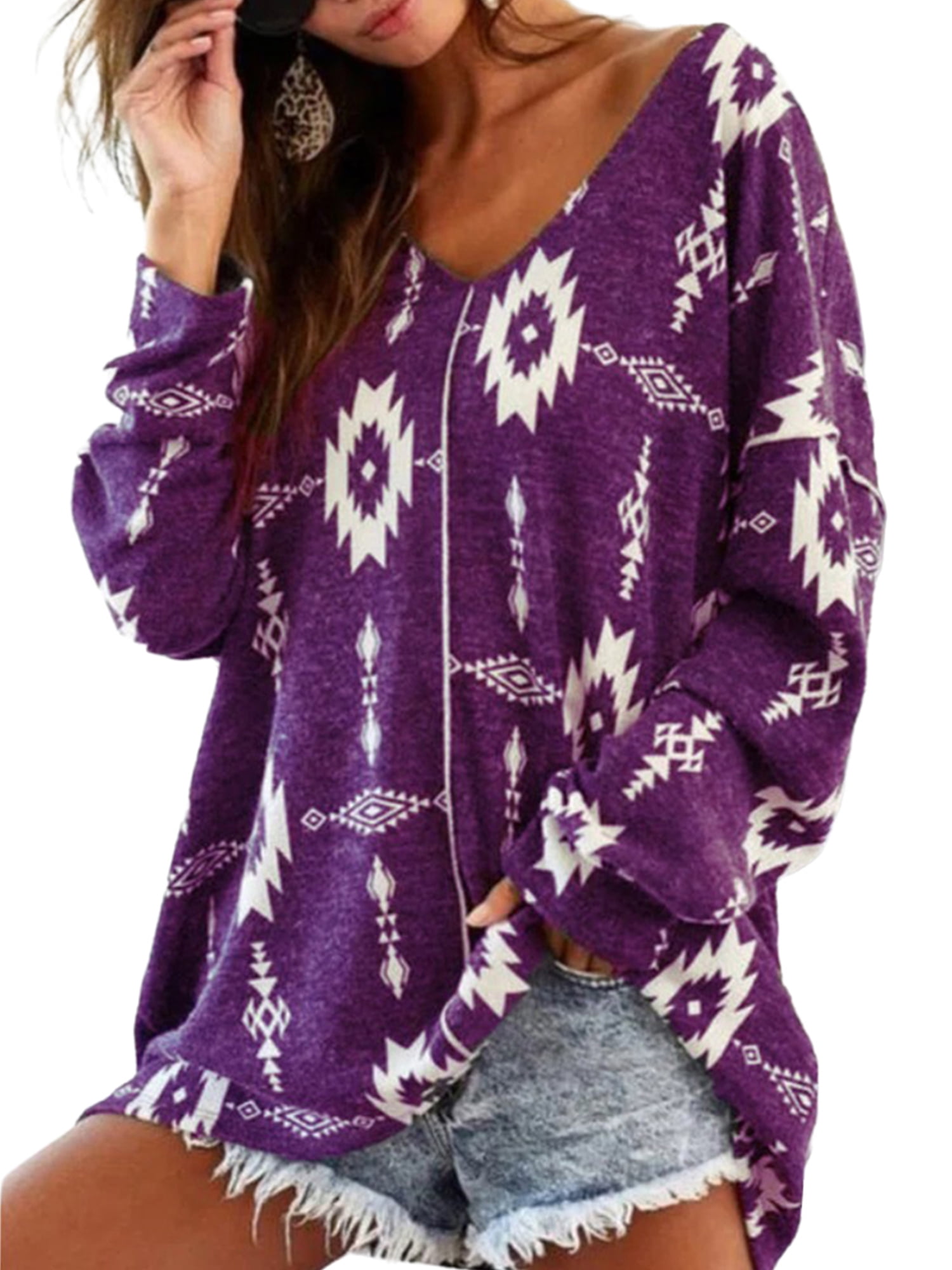 FASHIONWT Women Plus Size V-Neck Long Sleeve Printed Loose Top T-Shirt ...