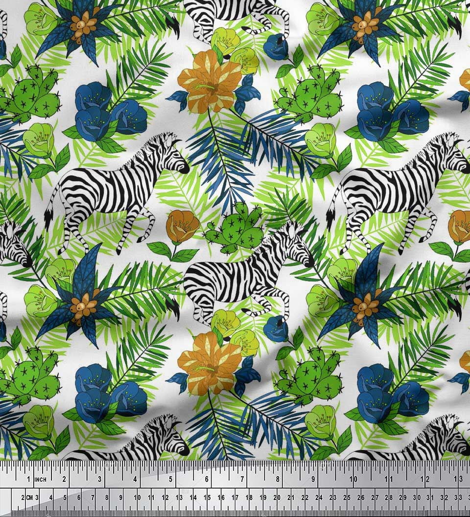 Soimoi Green Cotton Duck Fabric Tropical Leaves & Wild Animal Printed ...