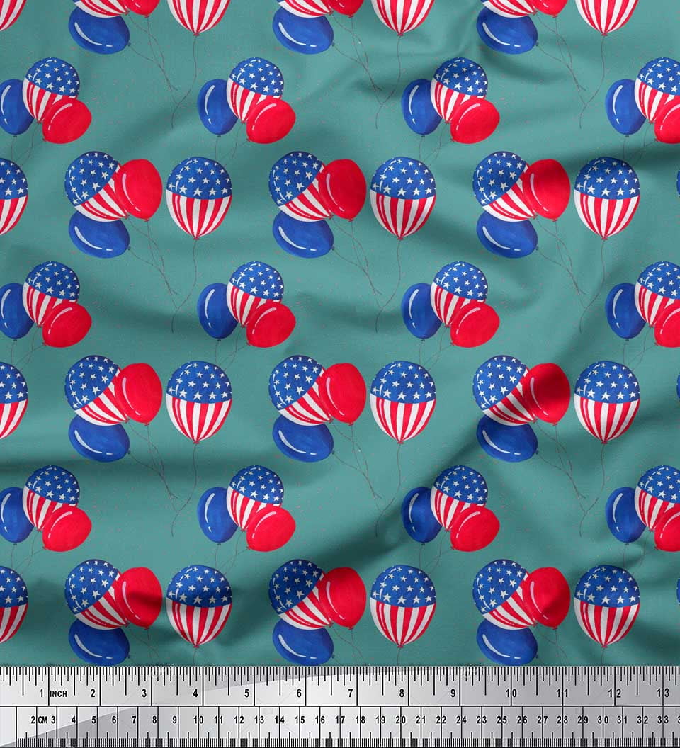 Soimoi Blue Silk Fabric Brush Stroke & Balloon Holiday Print Fabric by ...