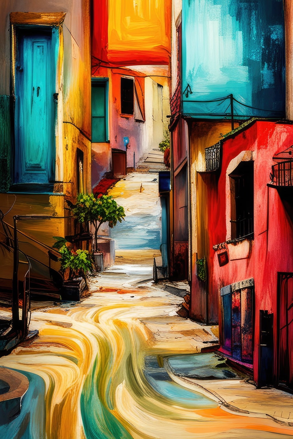 Abstract Street Scene along A Swirling Path Acrylic Painting - 12" x 18 ...