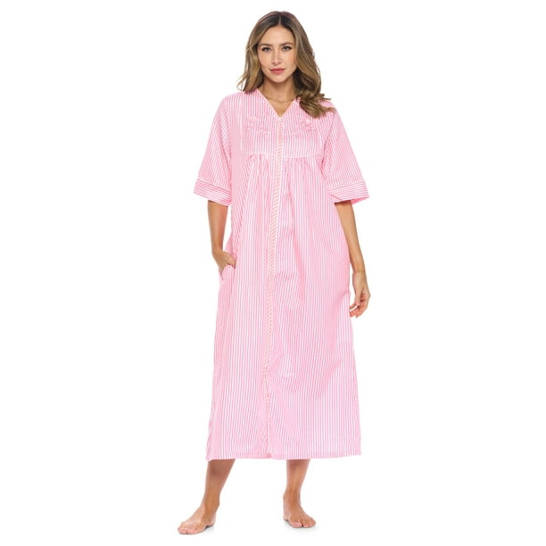 Casual Nights Women's Zip Front Seersucker House Dress 3/4 Sleeves ...